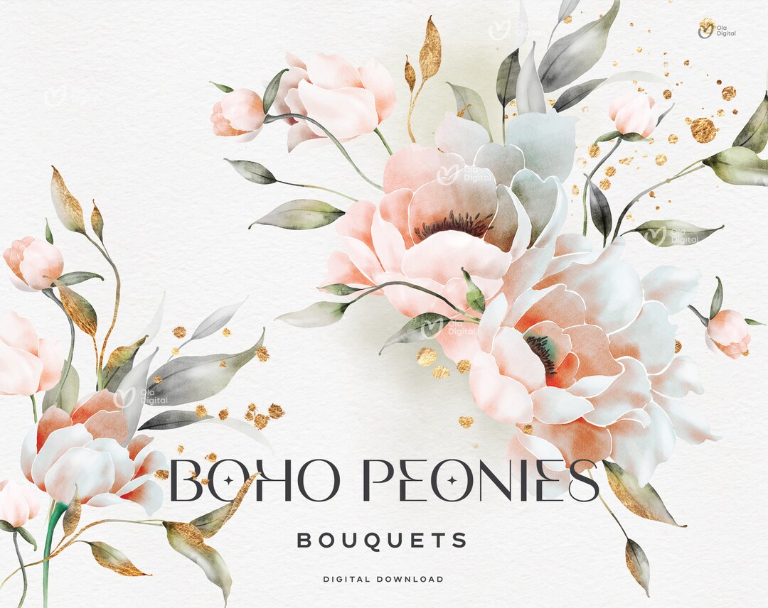 Boho Peonies Floral Clipart, Watercolor Flowers, Peonies Clipart ...