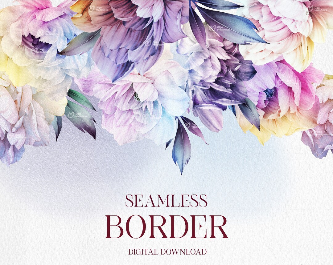 Floral Seamless Border, Colorful Flowers, Watercolor Peonies, Wedding ...