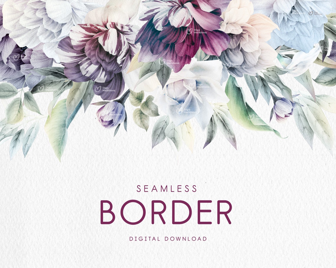 Floral Border, Peony Frame, Watercolor Blue and Purple Flowers, Wedding ...