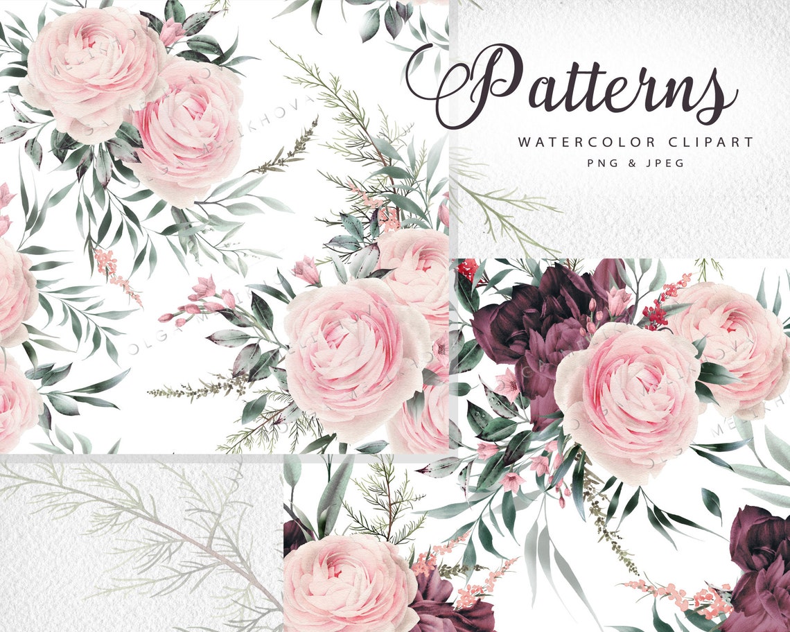 Watercolor Floral Pattern Digital Paper With Pink Flowers | Etsy