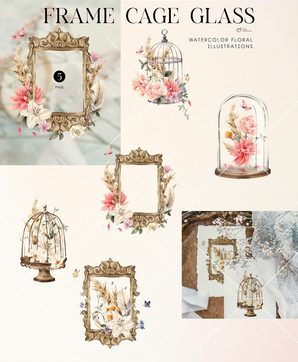 Watercolor Floral Illustration, Flower in a Cage, Preserved Flower ...