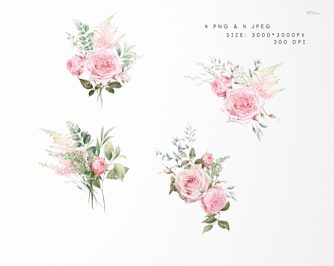Floral Bouquets Clipart Pink Flowers Watercolor Flower - Etsy