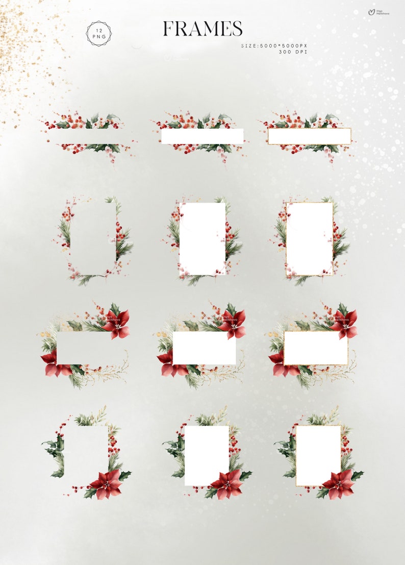 Christmas Collection, Digital XMAS Cliparts PNG, Floral Frames, Borders ...