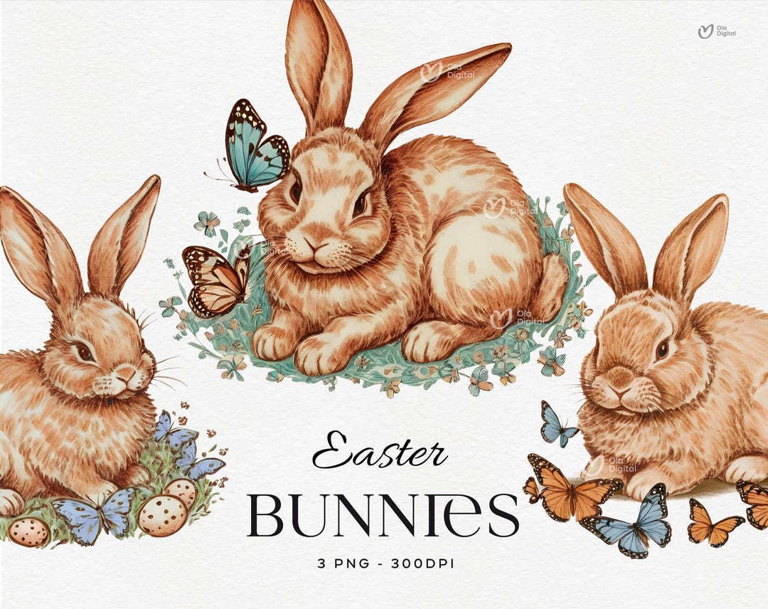 Vintage Easter Bunnies Clipart, Cute Spring Bunnies Clipart, Nursery ...