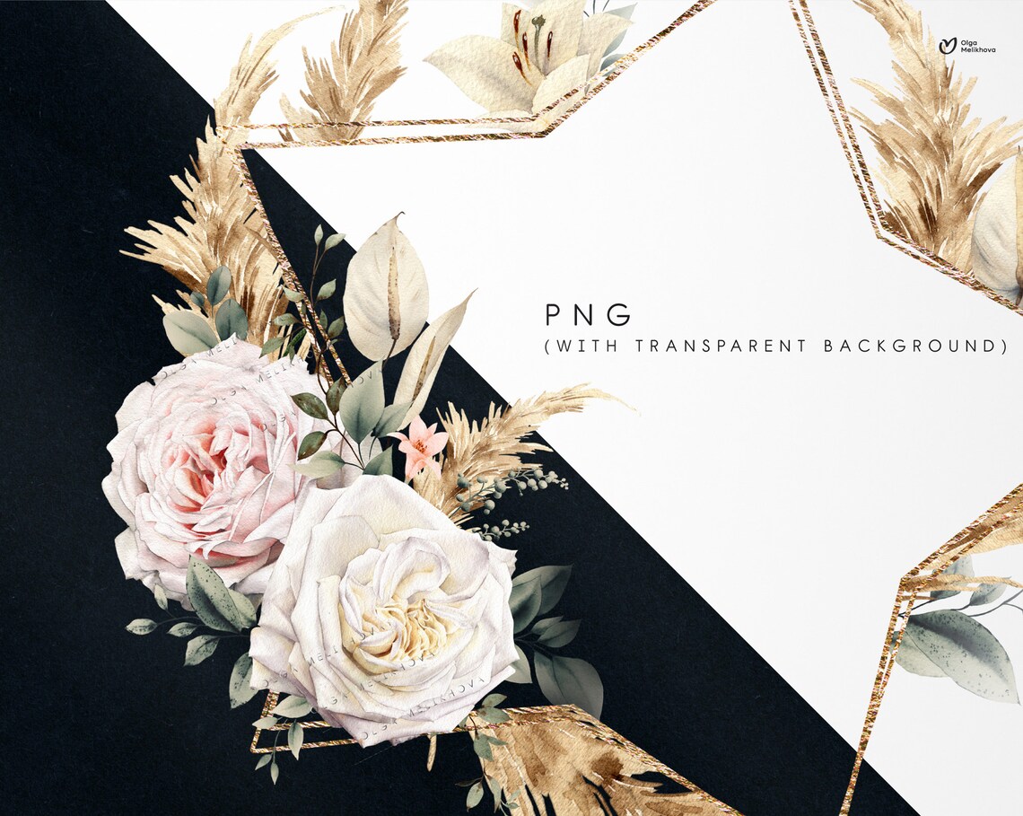 Watercolor Roses Gold Geometric Frame Bouquet Border Wedding - Etsy