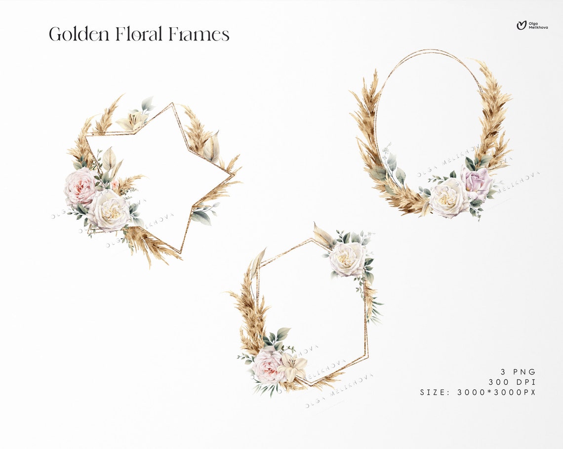 Watercolor Roses Gold Geometric Frame Bouquet Border Wedding - Etsy