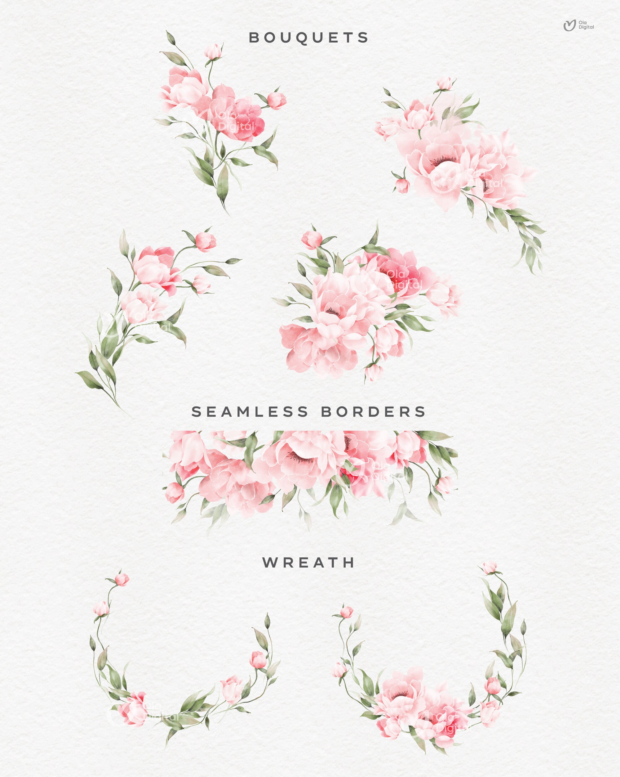 Pink Peonies Floral Clipart, Watercolor Flowers, Floral Border ...