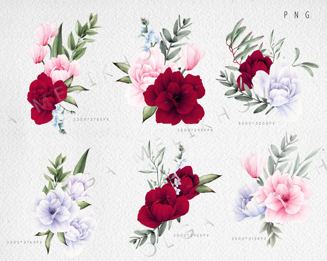 Watercolor Floral Clip Art Bouquets of Flowers Greeting - Etsy