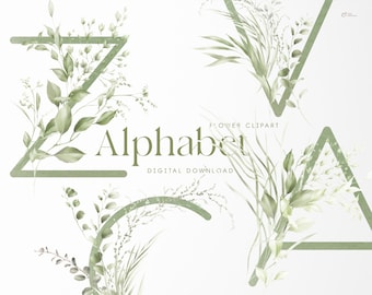 Greenery Alphabet Lettering and Numbers Clipart, Watercolor Floral Clip ...
