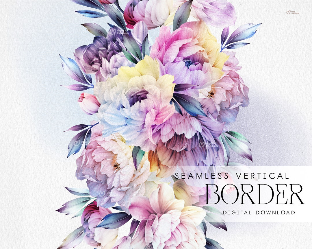 Floral Seamless Border, Colorful Flowers, Watercolor Peonies, Wedding ...