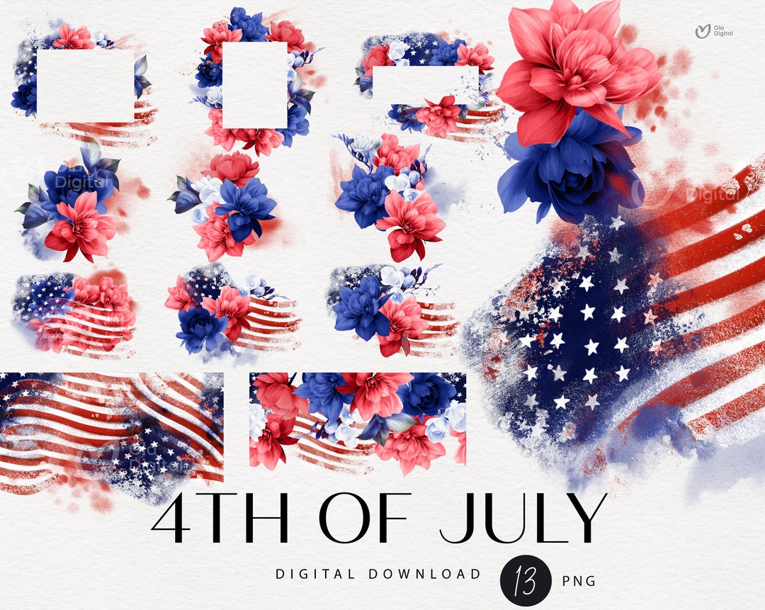 4th of July American Flag Clipart Floral Collection, Seamless Borders ...