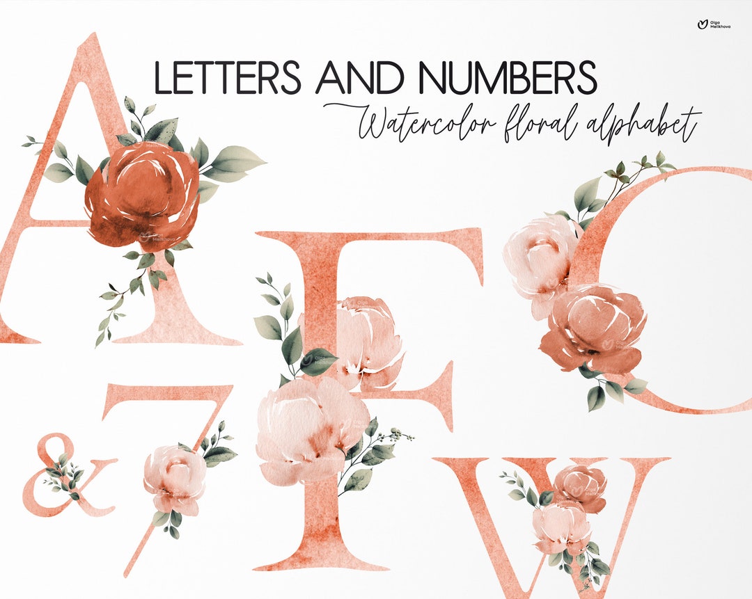 Letters and Numbers, Watercolor Floral Alphabet, Wedding Clipart PNG - Etsy