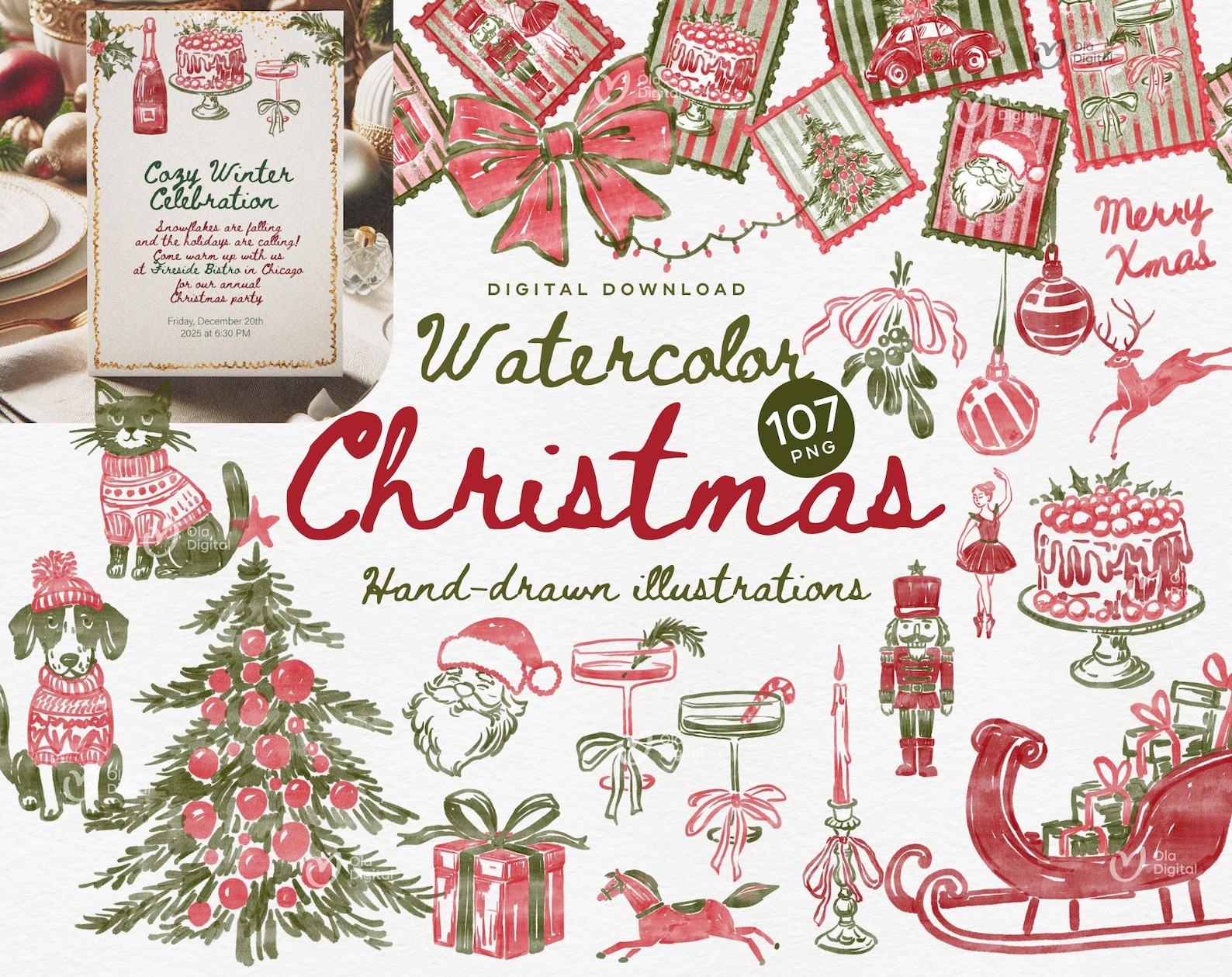 Watercolor Vintage Christmas Bundle PNG, Christmas Clipart, Hand Drawn ...