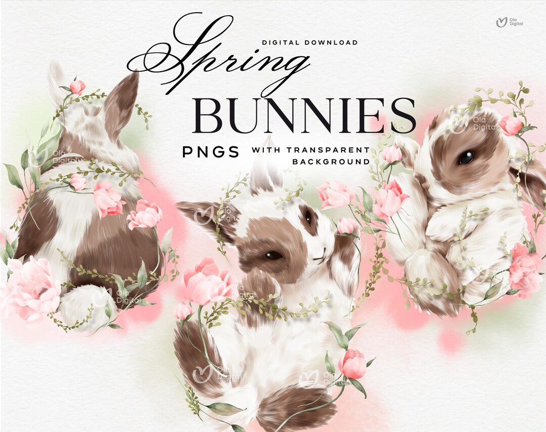 Watercolor Floral Bunnies Clipart, Easter Spring Bunnies Clipart ...