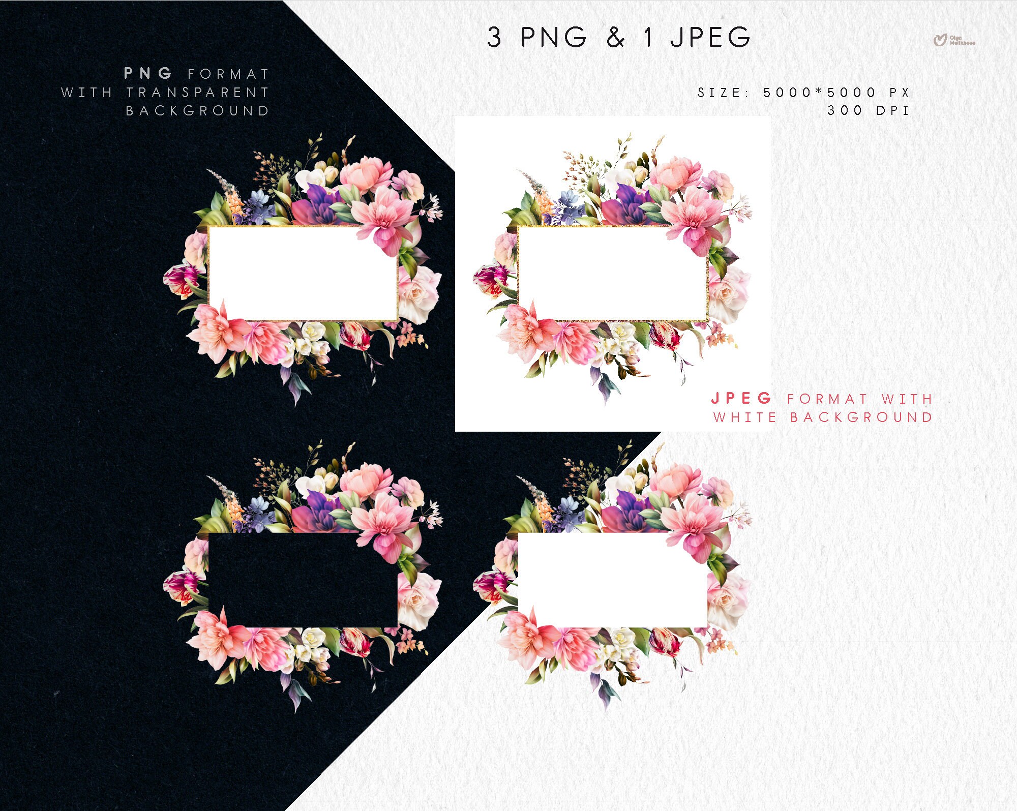 Floral Frame, Foliage and Bright Flowers, Border-frame, Wedding Floral ...