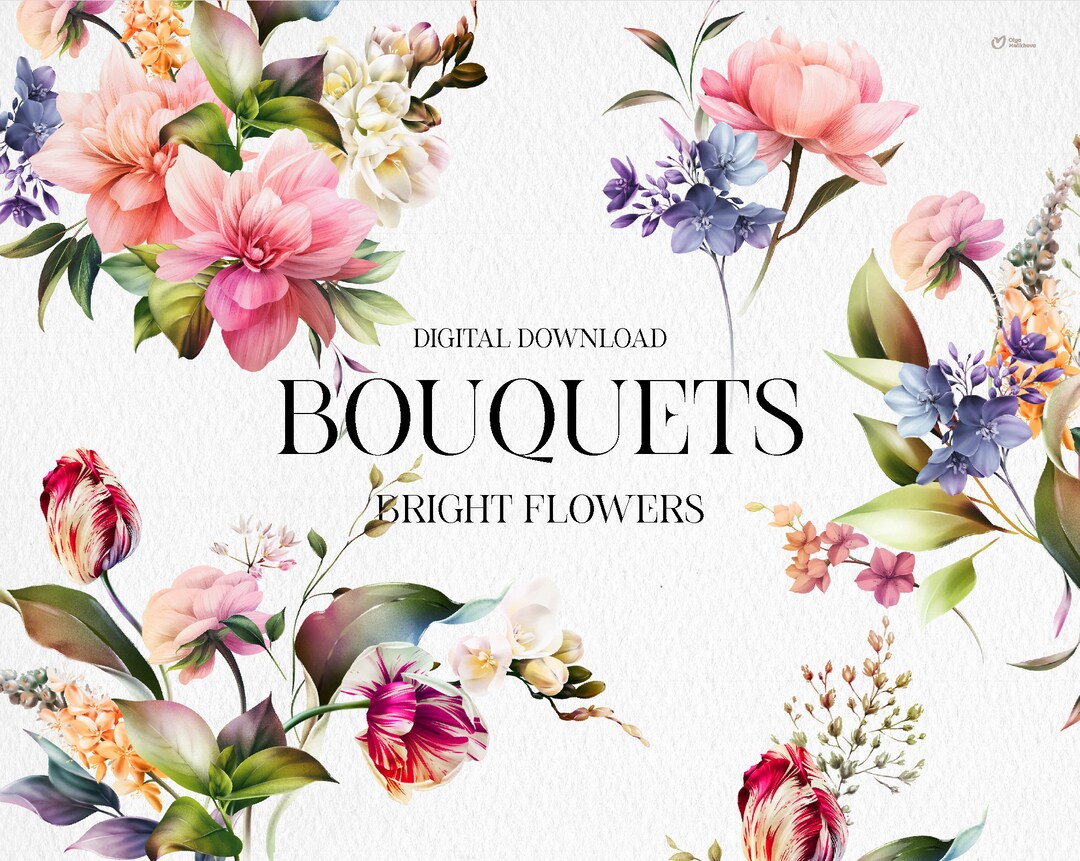 Bright Flowers, Floral Bouquets Clipart, Floral Clipart, Printable ...