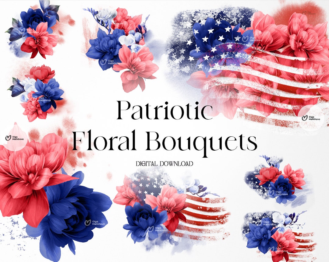 Patriotic Floral Bouquets Clipart, Red White and Blue Flowers, Digital ...
