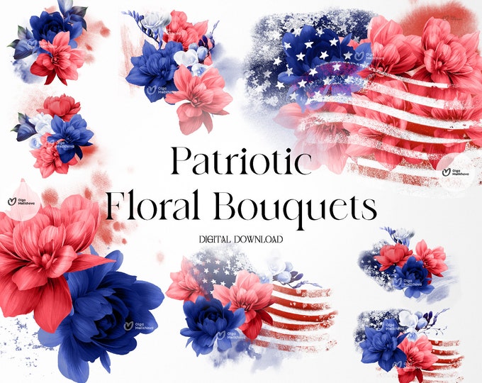 Red, Blue and White Flowers PNG, Watercolor Patriotic Floral Clipart ...