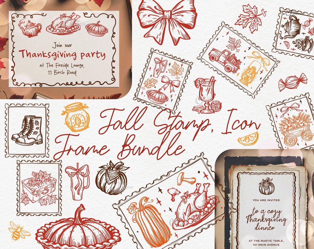 Fall Stamp, Icon & Frame Bundle, Autumn PNG SVG Clipart, Cozy Vintage ...
