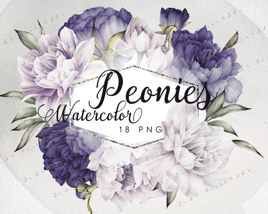 Blue Peonies. Watercolor Flower Clip Art, Wedding Flowers Clipart ...