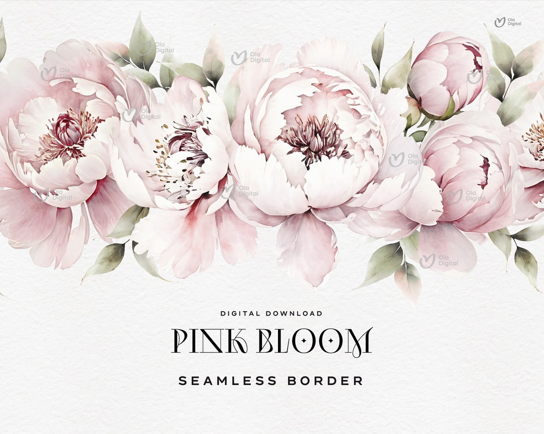 Floral Seamless Border, Pink Peonies and Greenery, Elegant Flowers ...