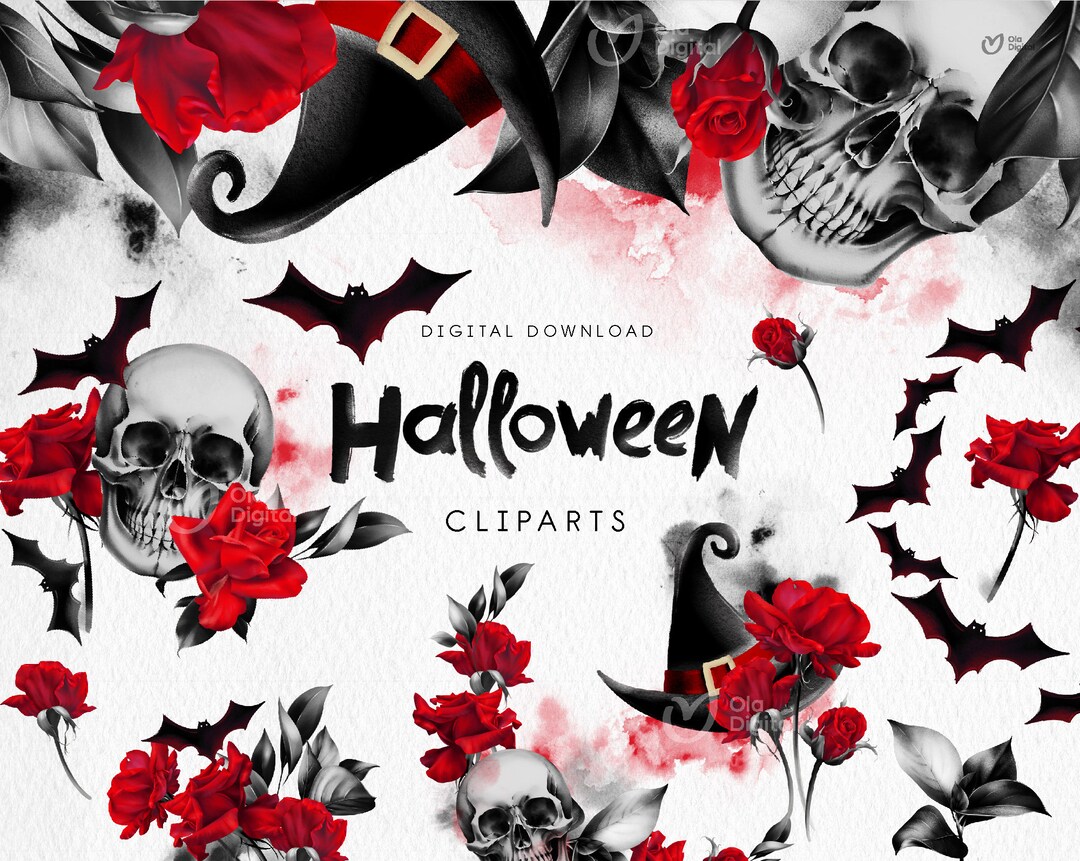 Halloween Clipart, Red Roses, Halloween Frame, Borders, Skull, Digital ...