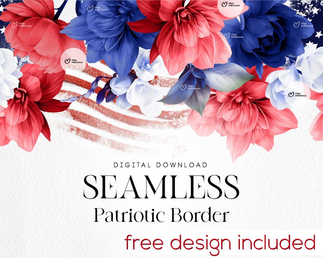 Patriotic Floral Border, Seamless Border, American Flag Digital, Border ...