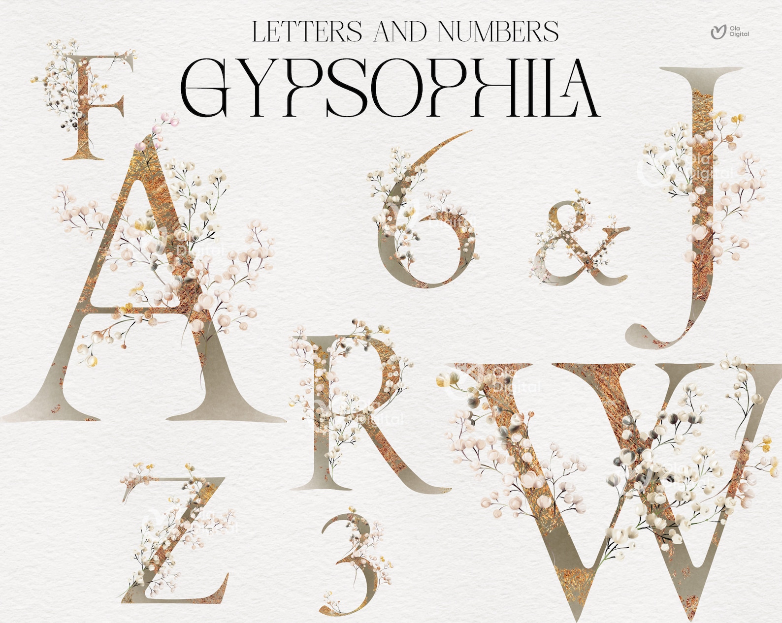 Watercolor Letters and Numbers, Gypsophila Floral Alphabet, Gold ...