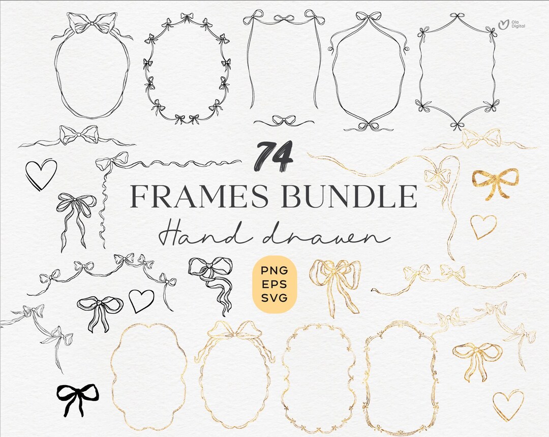 Hand Drawn Frames SVG Bundle, Coquette Bow Frame, Digital Golden Frames ...