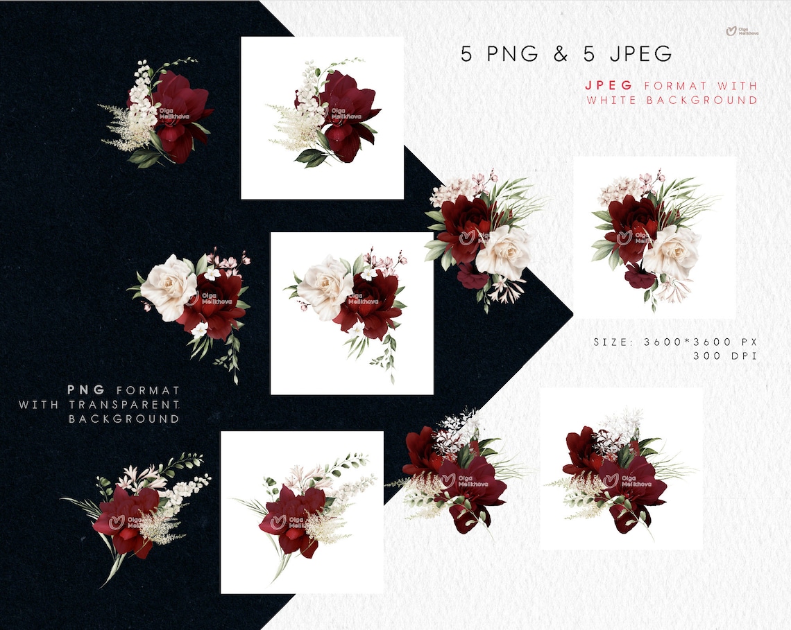 Burgundy Flowers Bundle, Border-frames, Wedding Invite Card, Bouquets ...