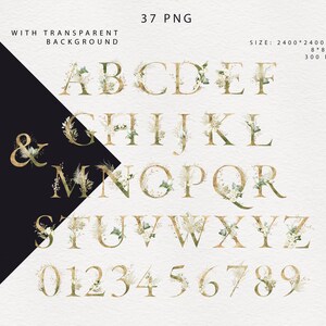 Letters and Numbers, Golden Floral Alphabet, White Flowers and Greenery ...