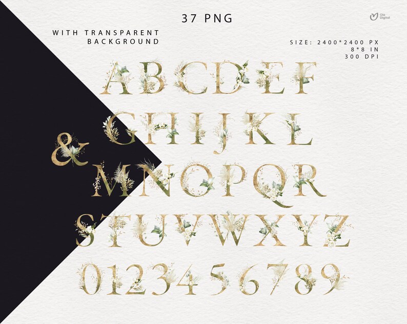 Letters and Numbers, Golden Floral Alphabet, White Flowers and Greenery ...