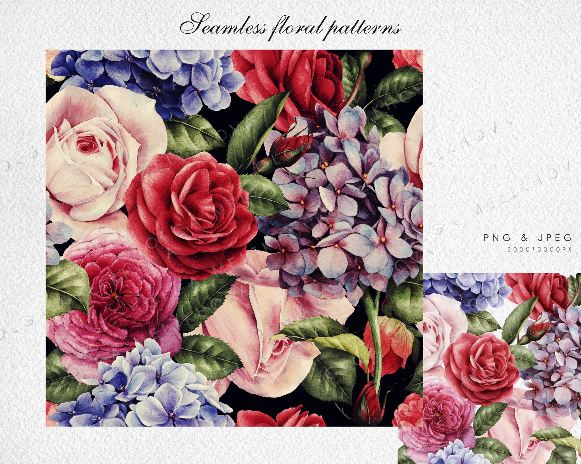 4 Seamless Floral Patterns, Digital Prints for Fabric, Template Design ...