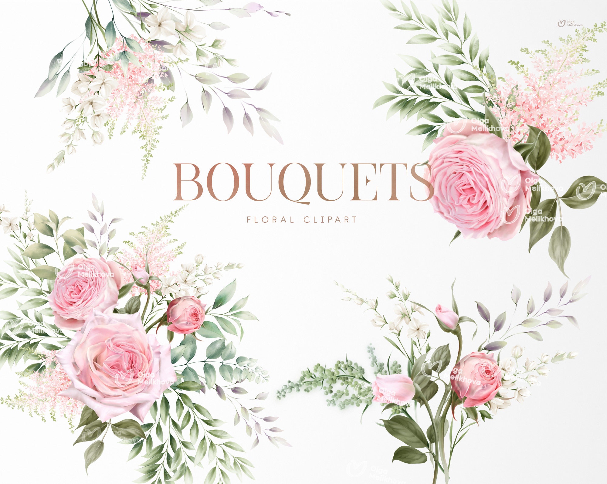 Floral Bouquets Clipart Pink Flowers Watercolor Flower - Etsy