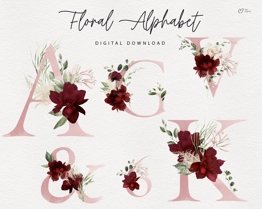 Letters and Numbers, Burgundy Floral Alphabet, Pink Alphabet Wedding ...