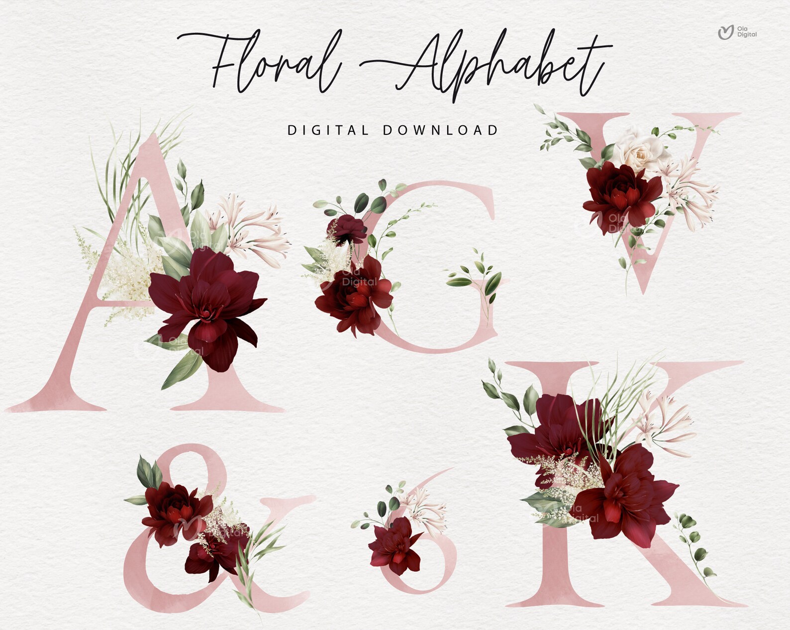 Letters and Numbers, Burgundy Floral Alphabet, Pink Alphabet Wedding ...