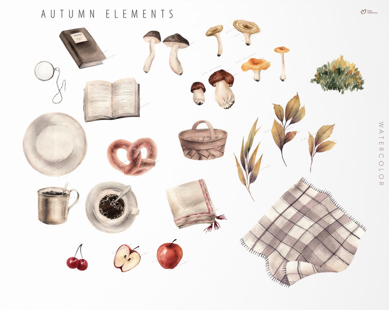 Autumn Clipart Mushrooms Leaves Apples Books Coffee Fall - Etsy
