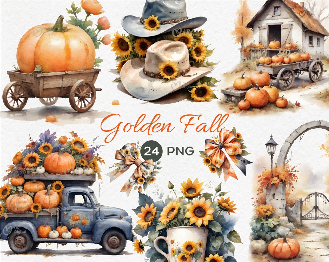 Watercolor Rustic Fall Clipart Bundle, Autumn Clipart PNG, Fall Trucks ...