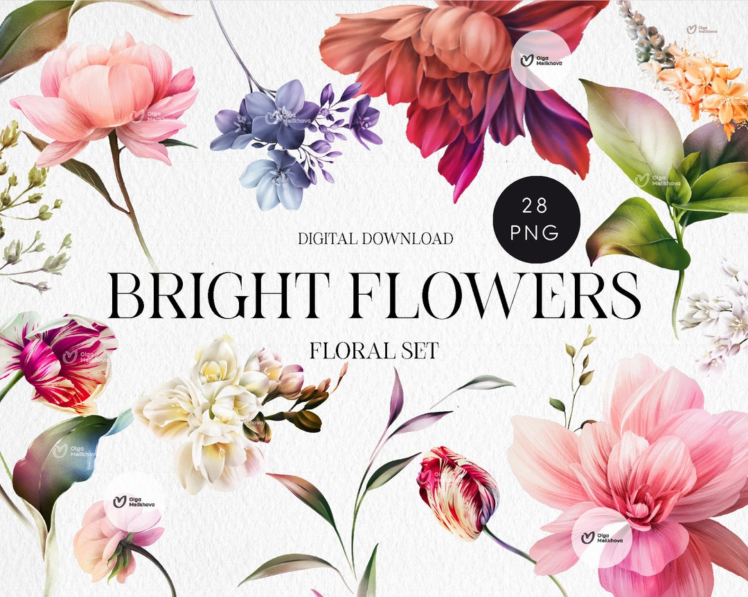 Floral Clipart, Bright Flowers, Separate Floral Elements, DIY Elements ...