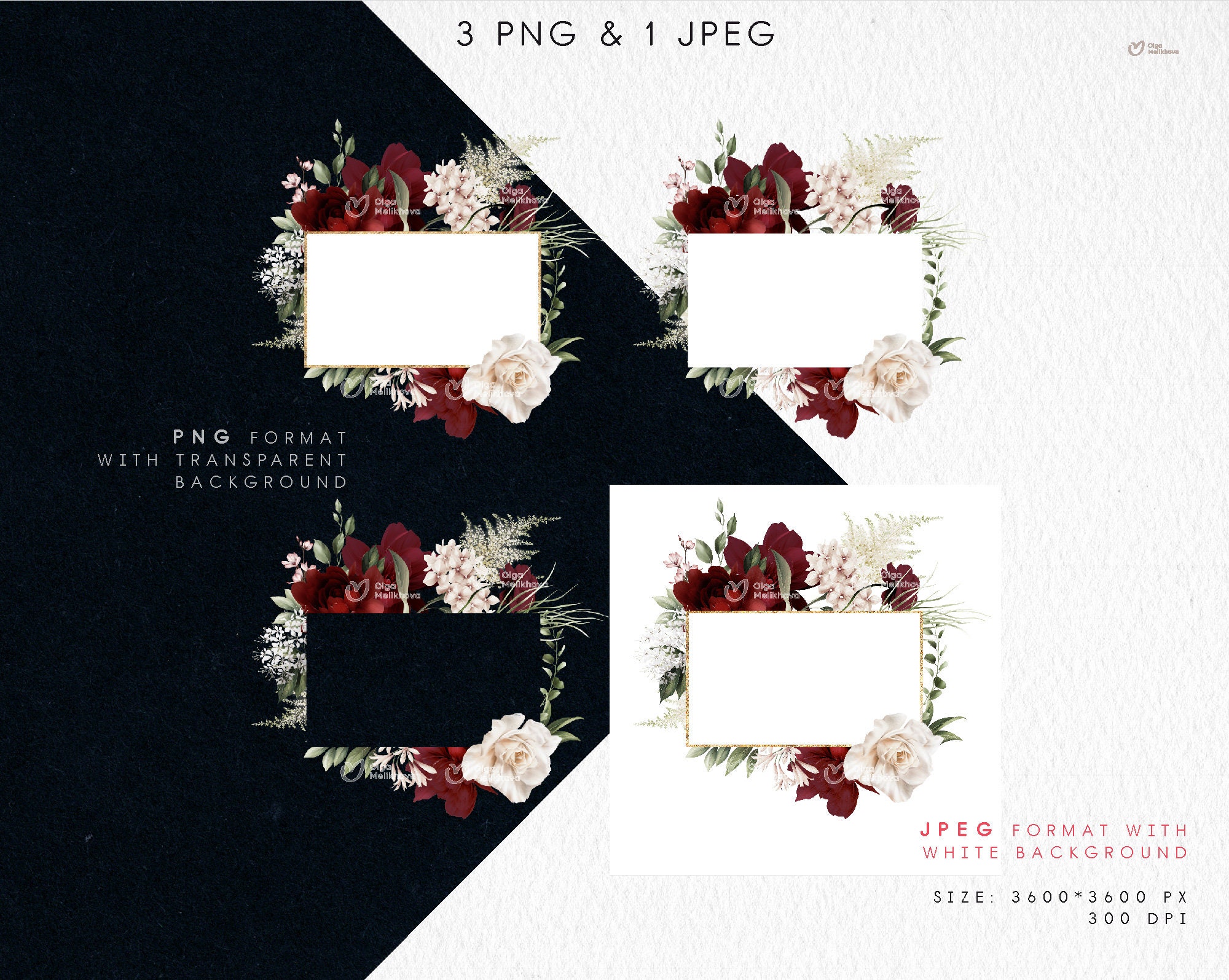 Burgundy Flowers Bundle, Border-frames, Wedding Invite Card, Bouquets ...