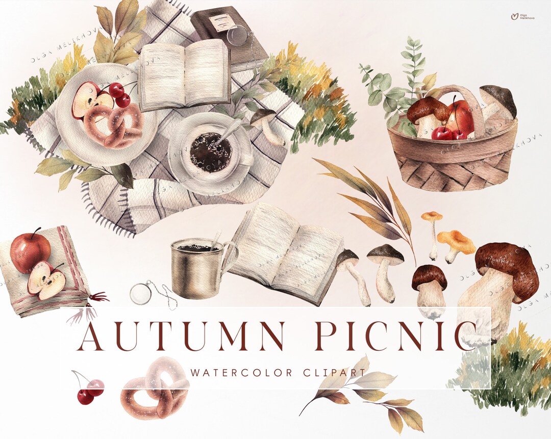Autumn Clipart, Mushrooms, Leaves, Apples, Books, Coffee, Fall PNG ...