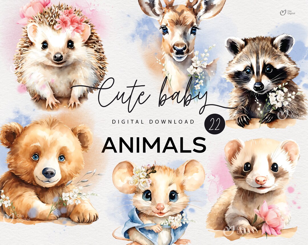 Watercolor Cute Baby Animals, Woodland Animal Clipart, Baby Animals ...
