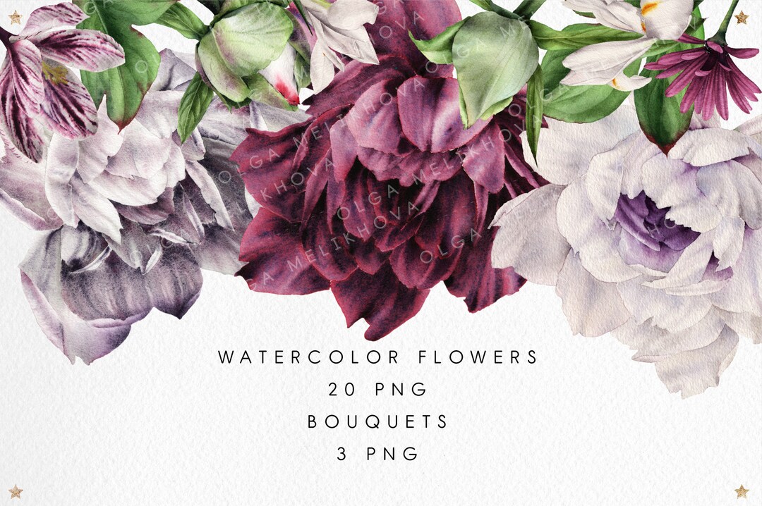 Watercolor Flowers Clipart & Bouquets, PNG Files, Hand Painting, Floral ...