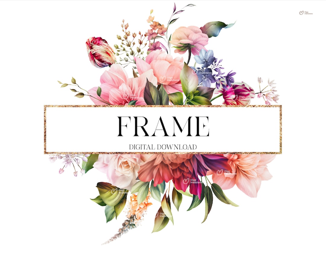 Floral Frame, Foliage and Bright Flowers, Border-frame, Wedding Floral ...