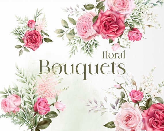 Floral Bouquets Clipart Pink Flowers Watercolor Flower - Etsy