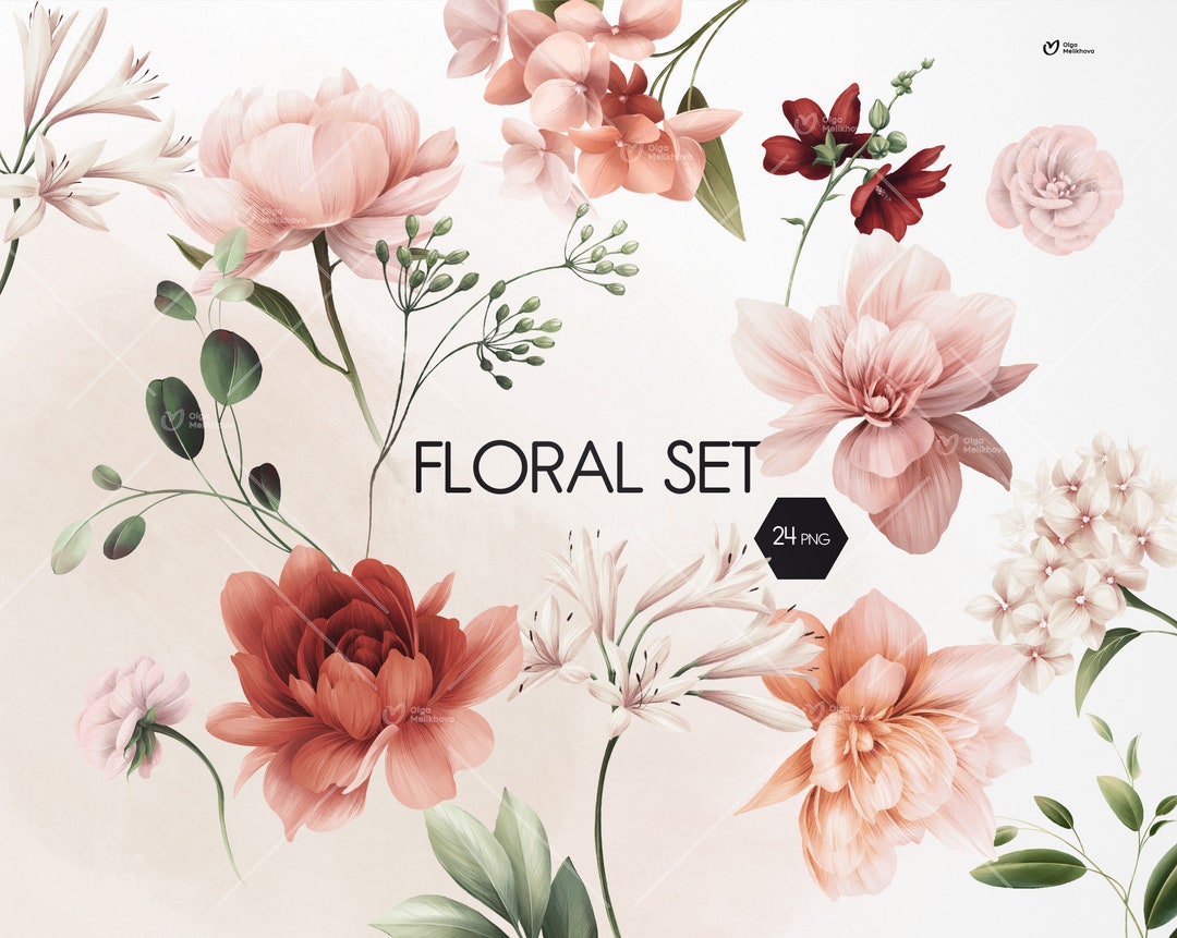 Floral Set, Peonies Clipart, Watercolor Flowers, Wedding Illustrarion ...