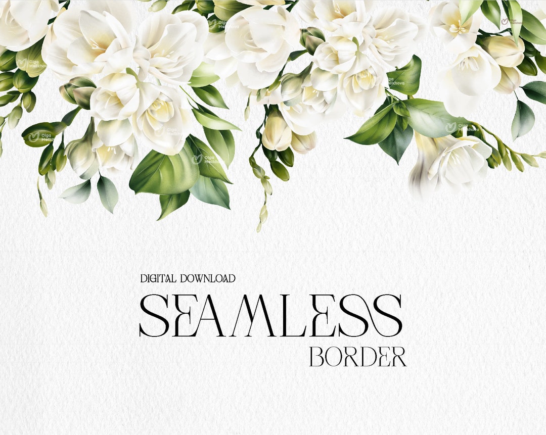 Floral Seamless Border for Invitations, Planners, Journal Pages, White ...