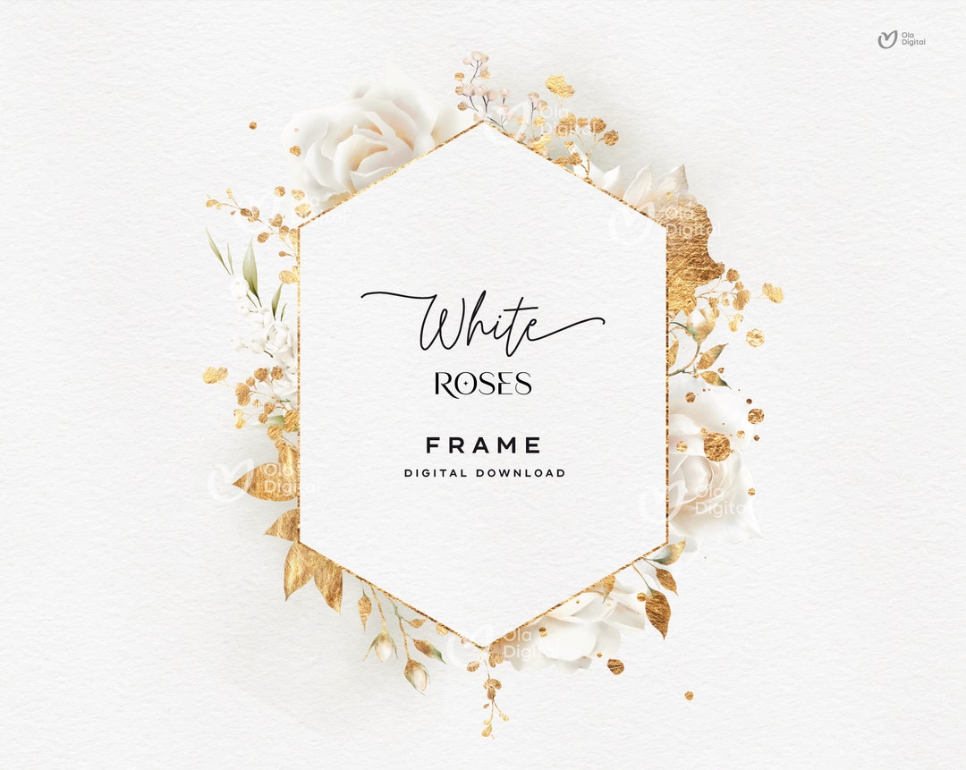 Floral Frame, White Roses and Gold, Greeting Card, Watercolor Flowers ...