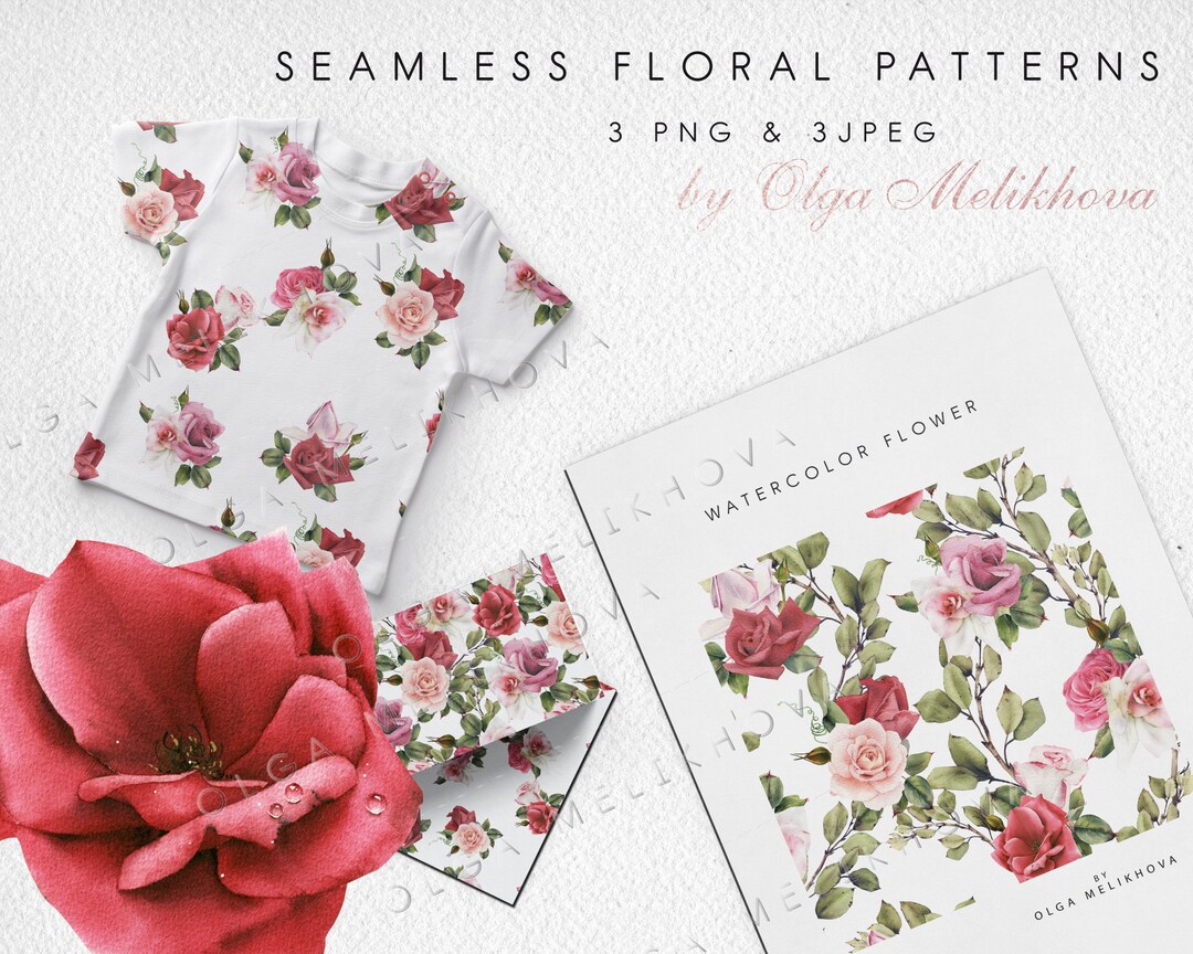Seamless Floral Patterns, Watercolor Flowers, Red Roses, Digital ...