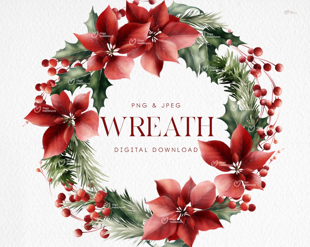 Christmas Wreath, Watercolor Poinsettia Flowers, New Year Invite Card ...